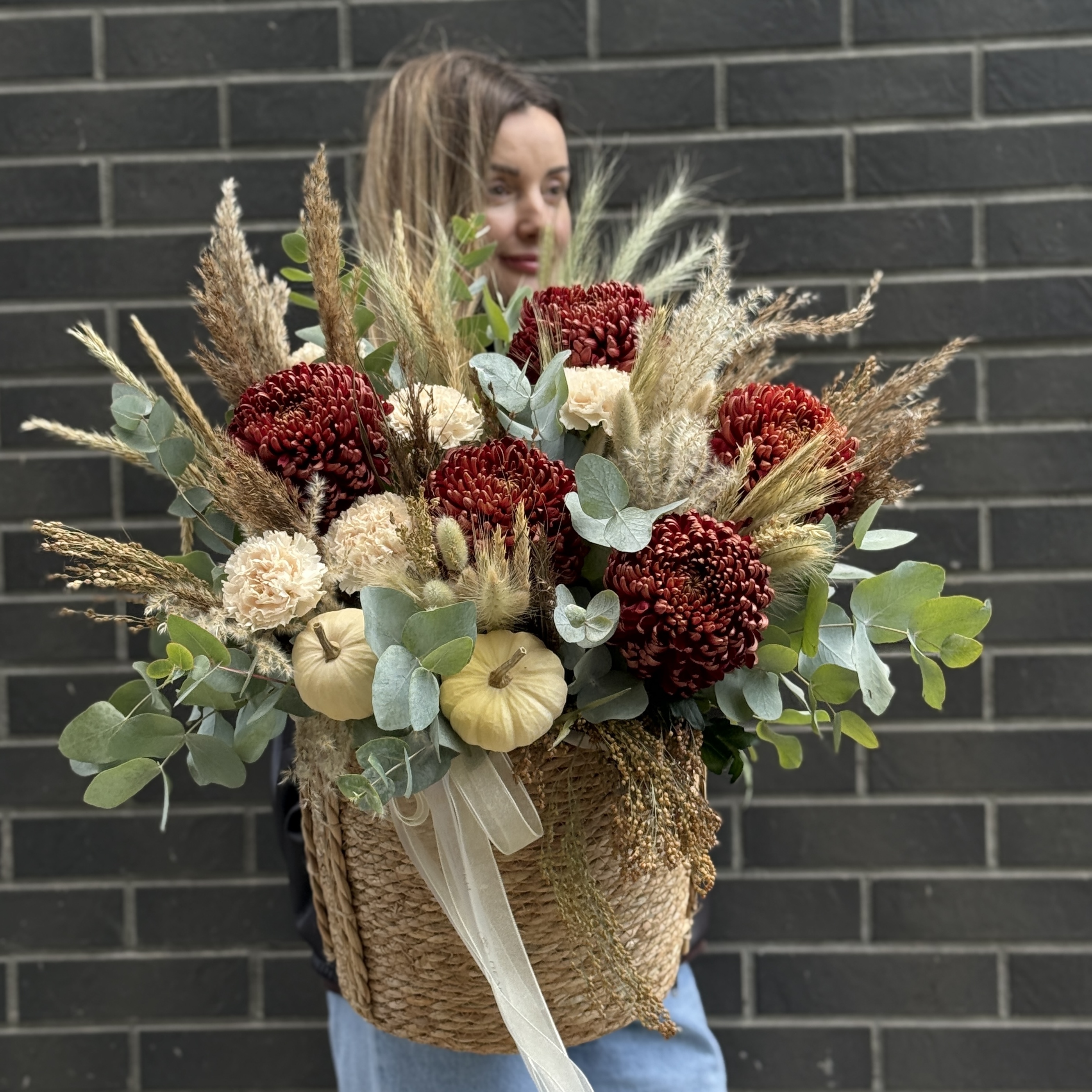 Autumn Basket with Chrysanthemums and Pumpkins | Petals Kyiv